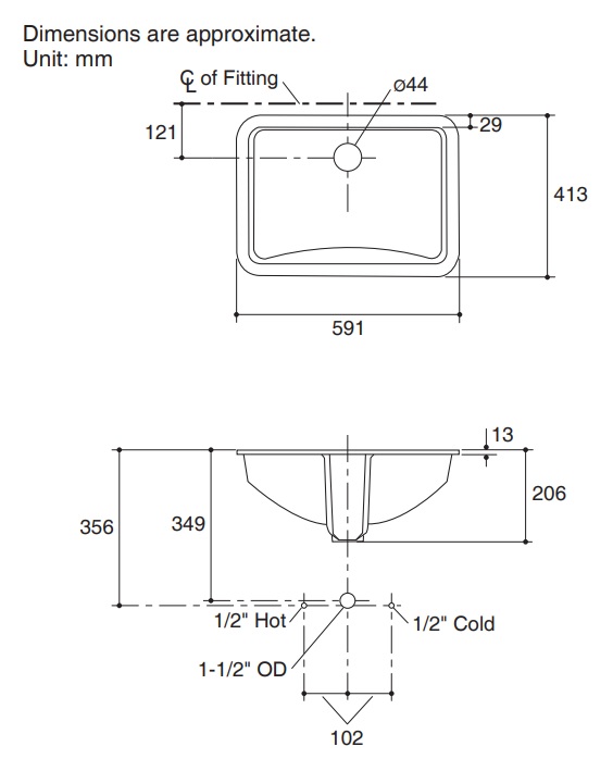 美國 KOHLER Ladena K-2215X 檯底面盆 591x413x206mmmm